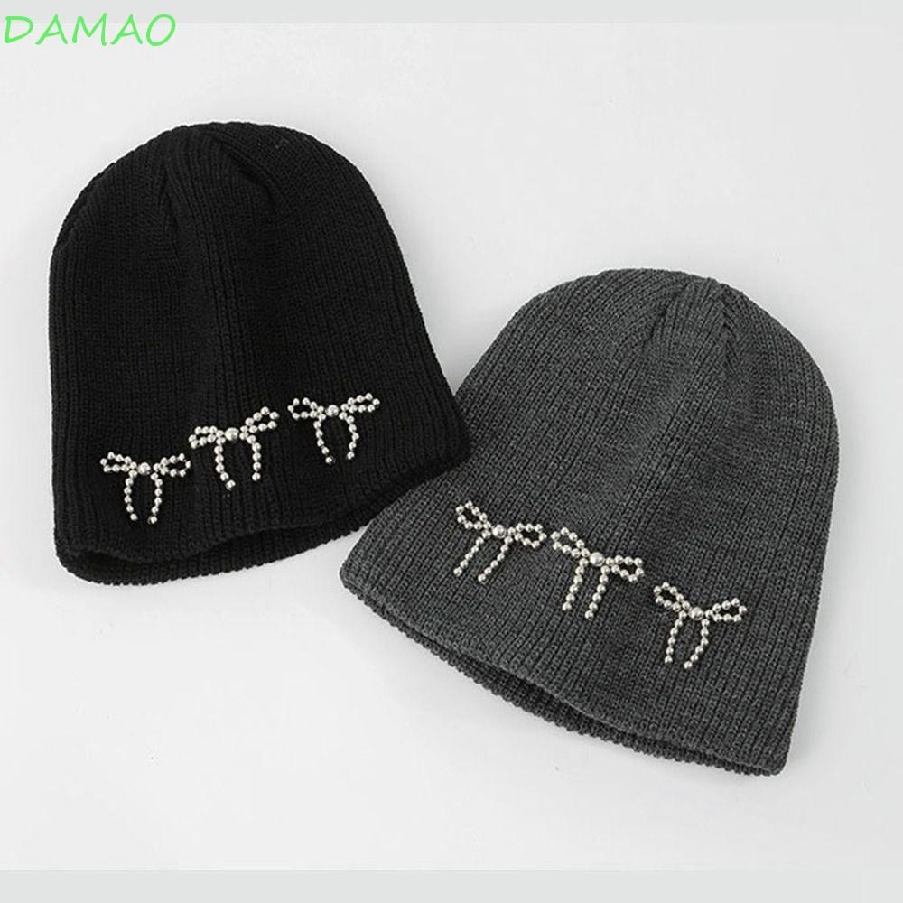 Damao Pearl Bow Beanies, Bowknot Warm Cap หมวกถัก, Casual Wool Hat ...