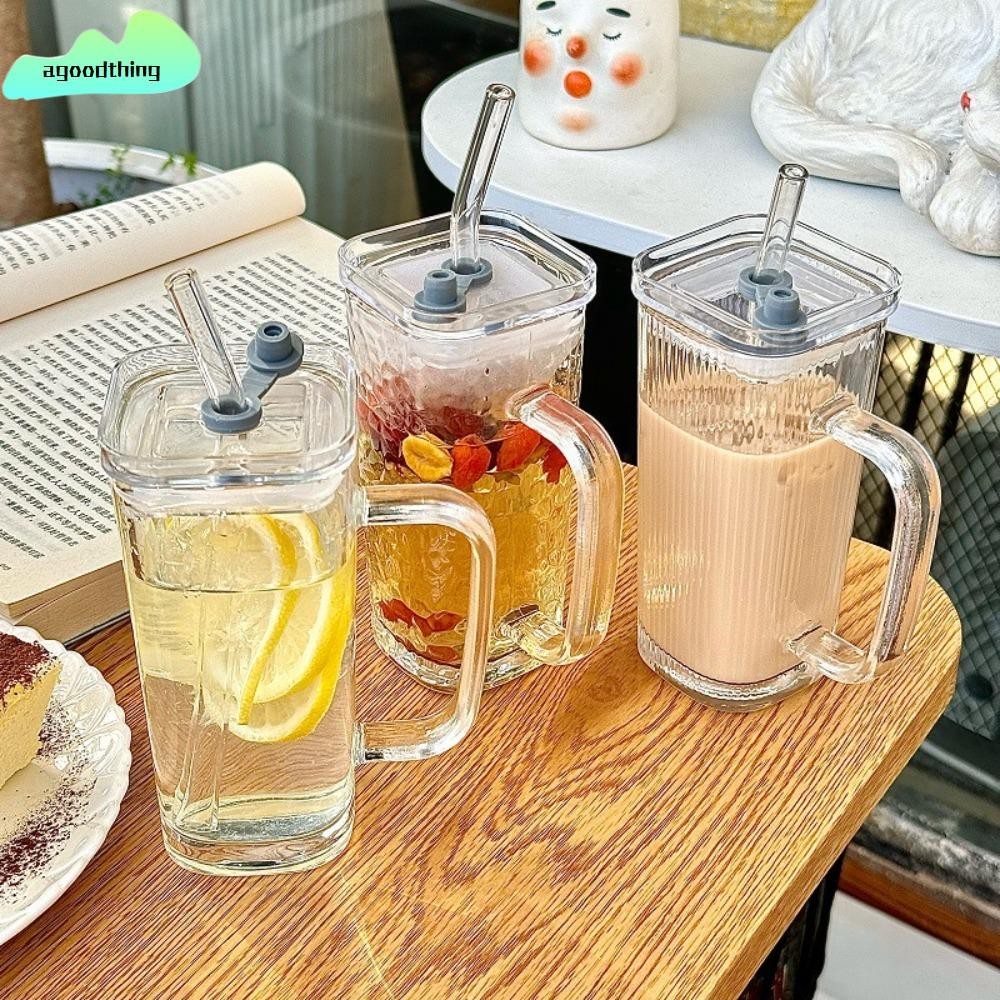 ความสวย ถ้วยแก้วใส,ถ้วยกาแฟสี่เหลี่ยมทนความร้อน,สไตล์ อิน สไตล์พร้อมฝาปิดและแก้วน้ําฟางบาร์บ้าน ...