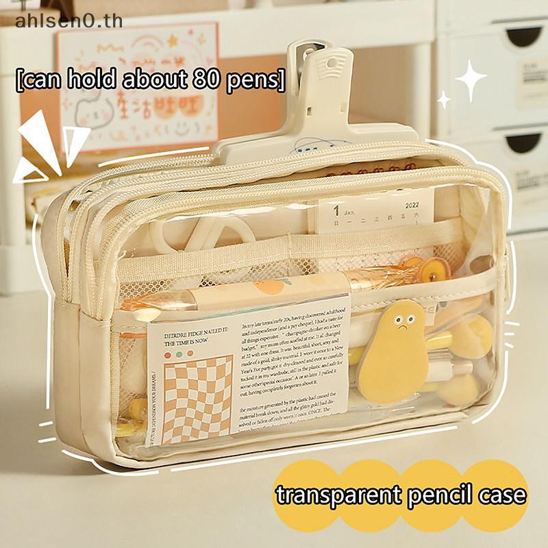 Ahlsen0 กระเป๋าดินสอโปร่งใสขนาดใหญ่ความจุปากกาเครื่องเขียนกล่องนักเรียนซิปกระเป๋าดินสออุปกรณ์การ ...