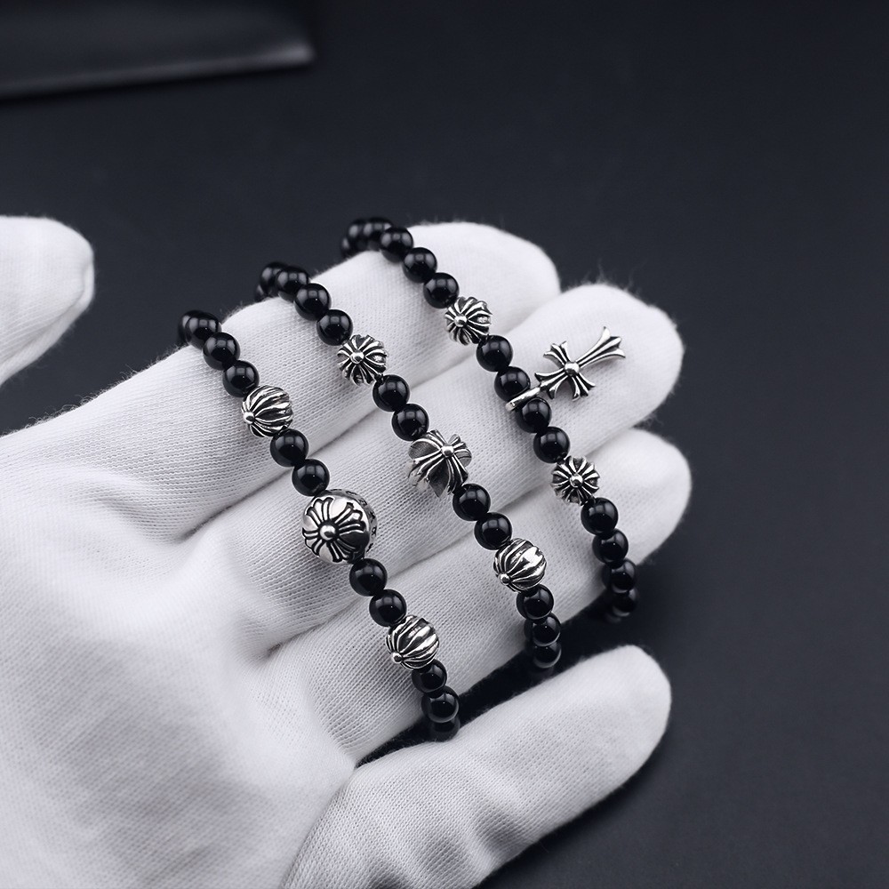 สร้อยข้อมือ CH♥/สร้อยข้อมือลูกปัดข้าม Obsidian สีเงิน 925 INS | Shopee Thailand