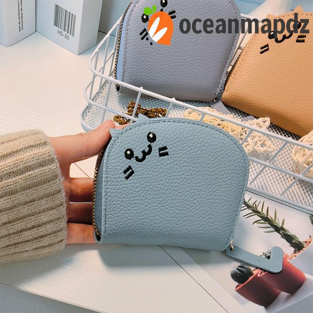 Oceanmapdz กระเป๋าใส่บัตรแมวน่ารัก, ลายลิ้นจี่ PU หนังกระเป๋าบัตร, กระเป๋ามินิการ์ดซิป Multi ...