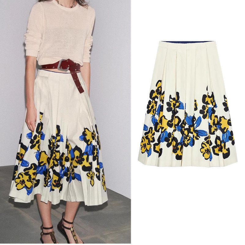 ZARA Hem Contrast Color Floral Print กระโปรงเอวกลางจีบกว้าง | Shopee ...