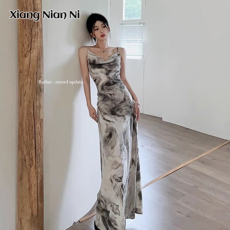 Xiang Nian Ni ชุดสลิงแขนกุดผู้หญิงใหม่ภาพวาดหมึกจีน Slim Fit ชุดเดรสปิดไหล่ | Shopee Thailand
