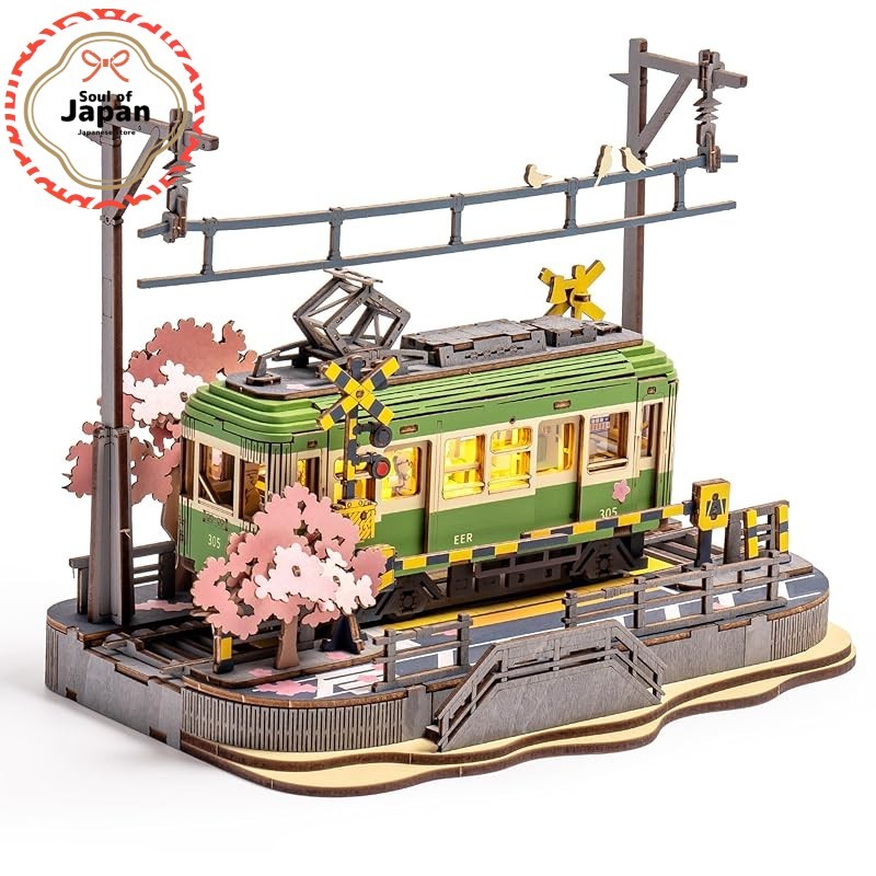 ROBOTIME 3D Wooden Puzzle Cherry Blossom Train with LED Light, Assembly ...