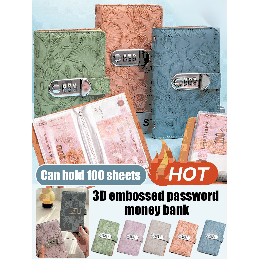 【Can Hold 100 Sheets】Embossed Password Savings Book/Cash Wallet With ...