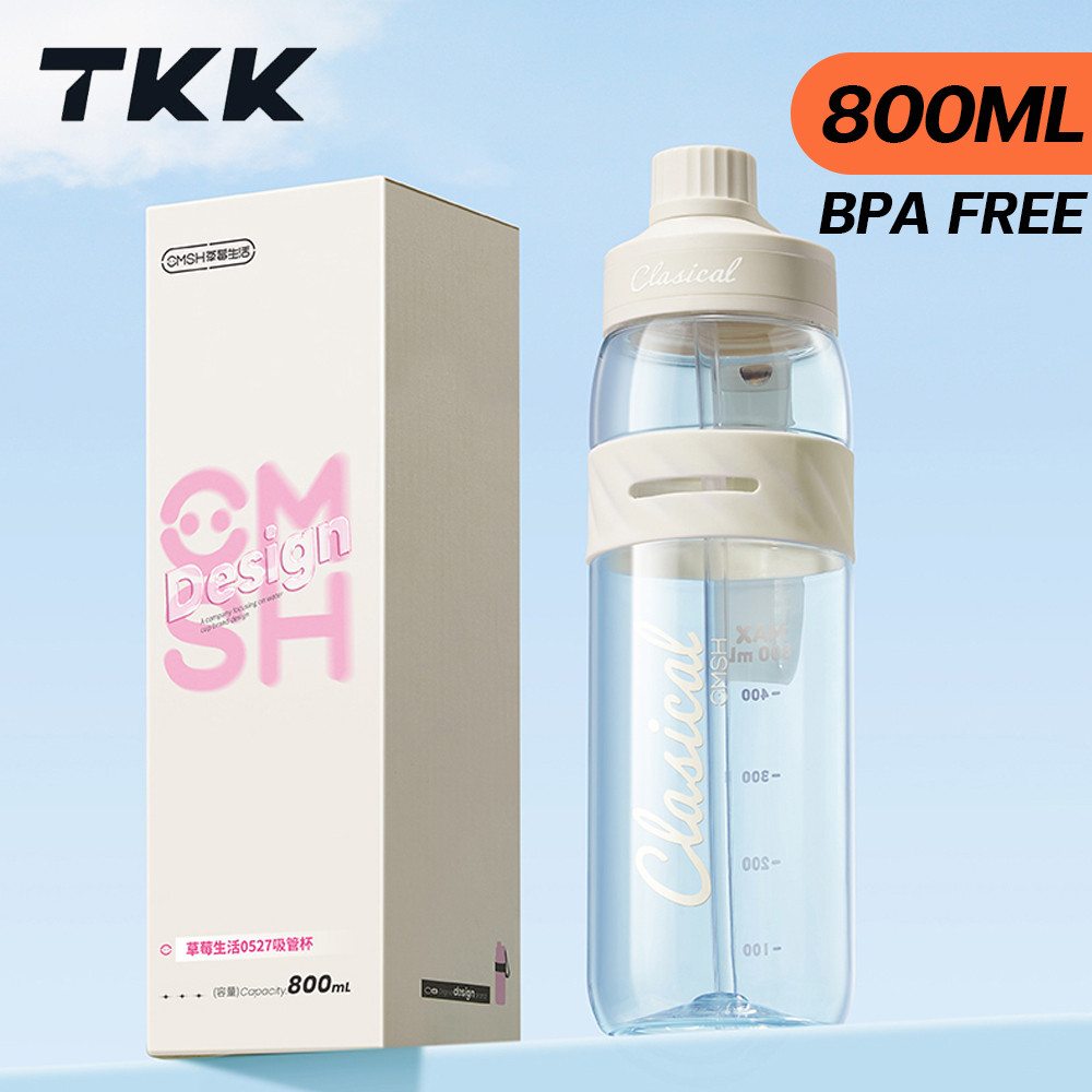 TKK ขวดน้ำพลาสติก 800ml พร้อมหลอดดูด แบบยกดื่มได้ 2in1 กระบอกน้ำเด็กไป รร. Tritan BPA Free ...