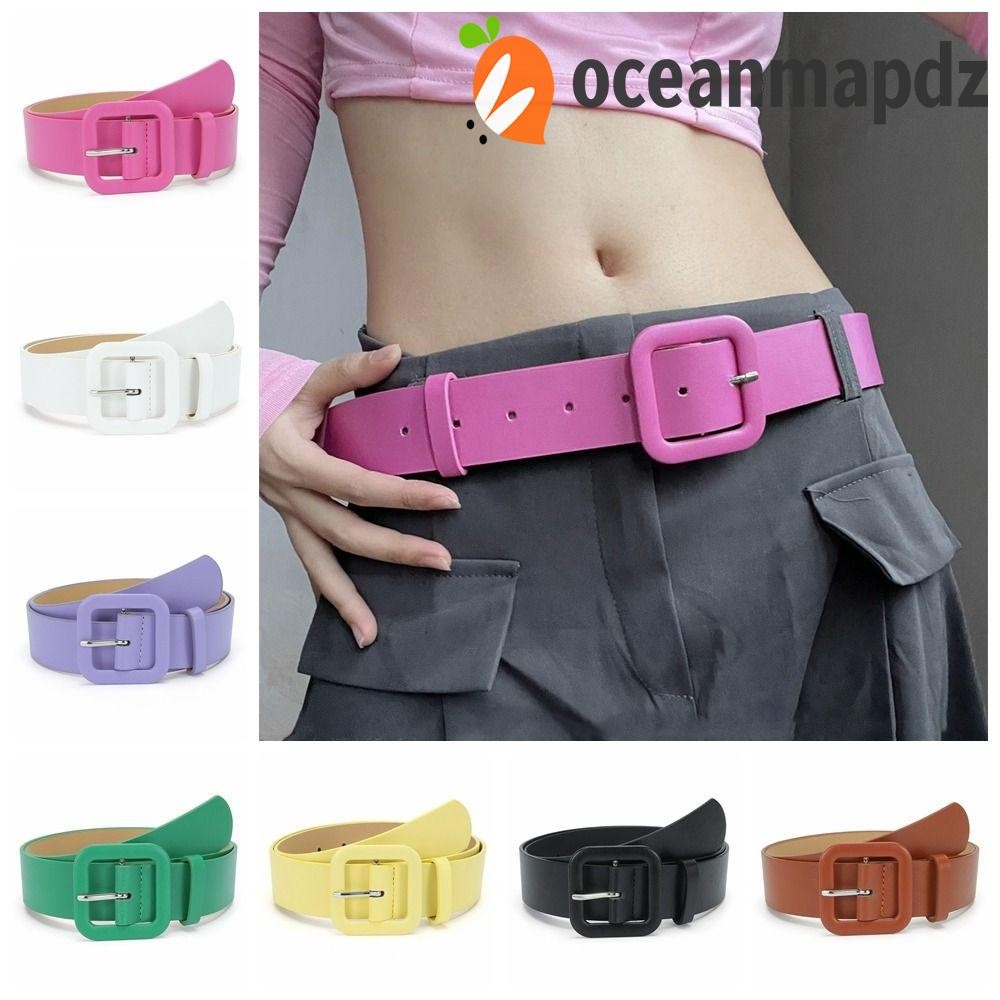 Oceanmapdz เข็มขัดหนัง PU, Y2k Square Buckle เข็มขัดกว้าง, เข็มขัดเอวสีลูกกวาดหวานกางเกงยีนส์ตก ...