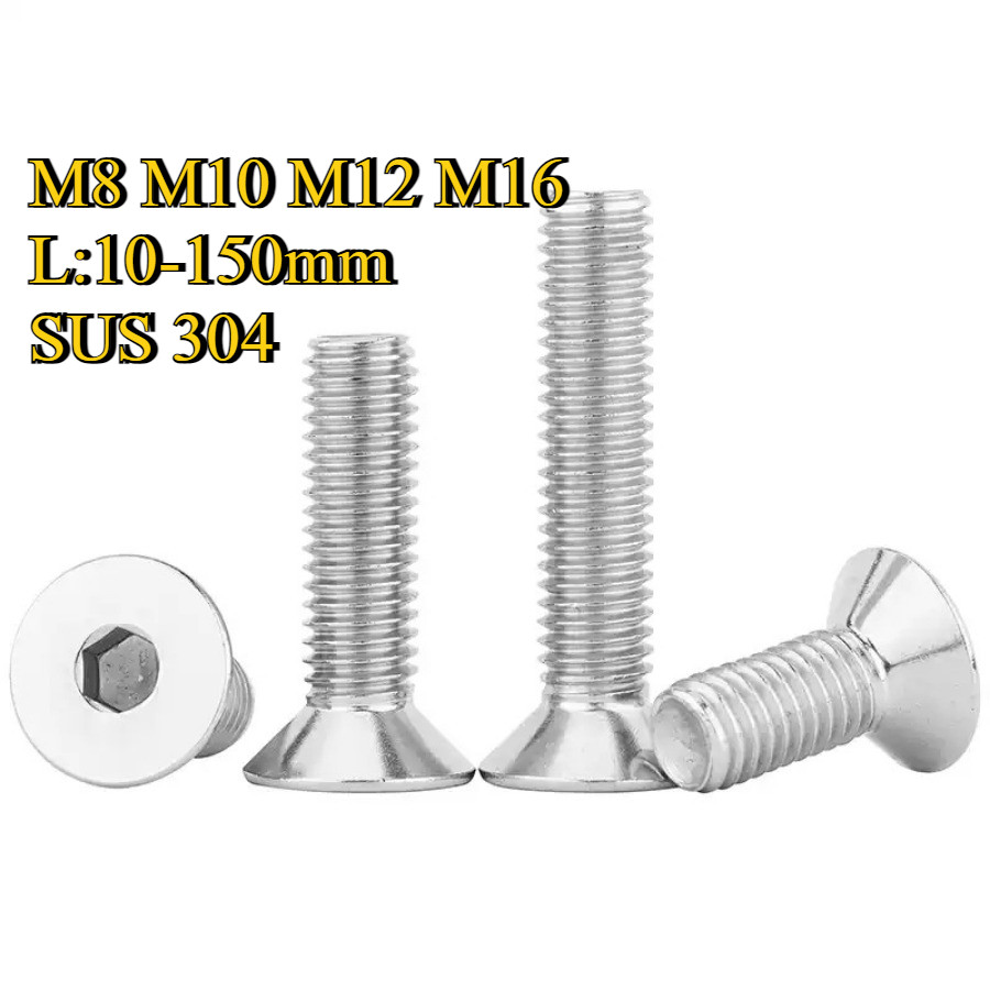 ((ZQ) สกรูหัวแบน 304 สกรูหัวจมหกเหลี่ยม สกรูหัวจมหกเหลี่ยม ลวดเครื่อง M8/M10/M12/M16 * L10-150mm ...