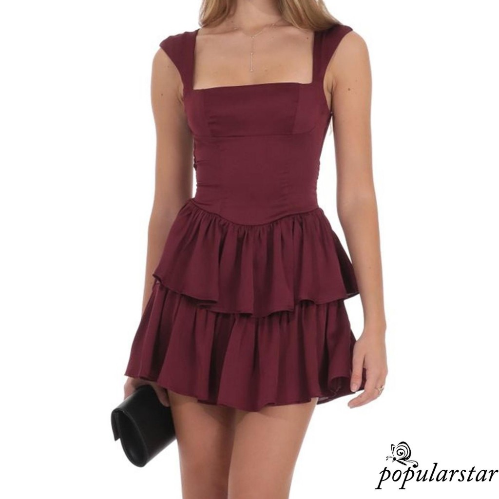 Popu-ชุดสตรีมินิเดรสแขนกุดเปิดหลังสีทึบ Tiered Hem Dress | Shopee Thailand