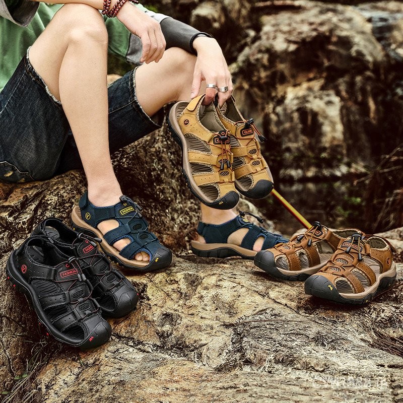 ผู้ชายปิดนิ้วเท้ารองเท้าแตะชายหาดรองเท้าแตะเดินป่ากลางแจ้งรองเท้าแตะหนังแท้รองเท้าแตะ Treeking ...