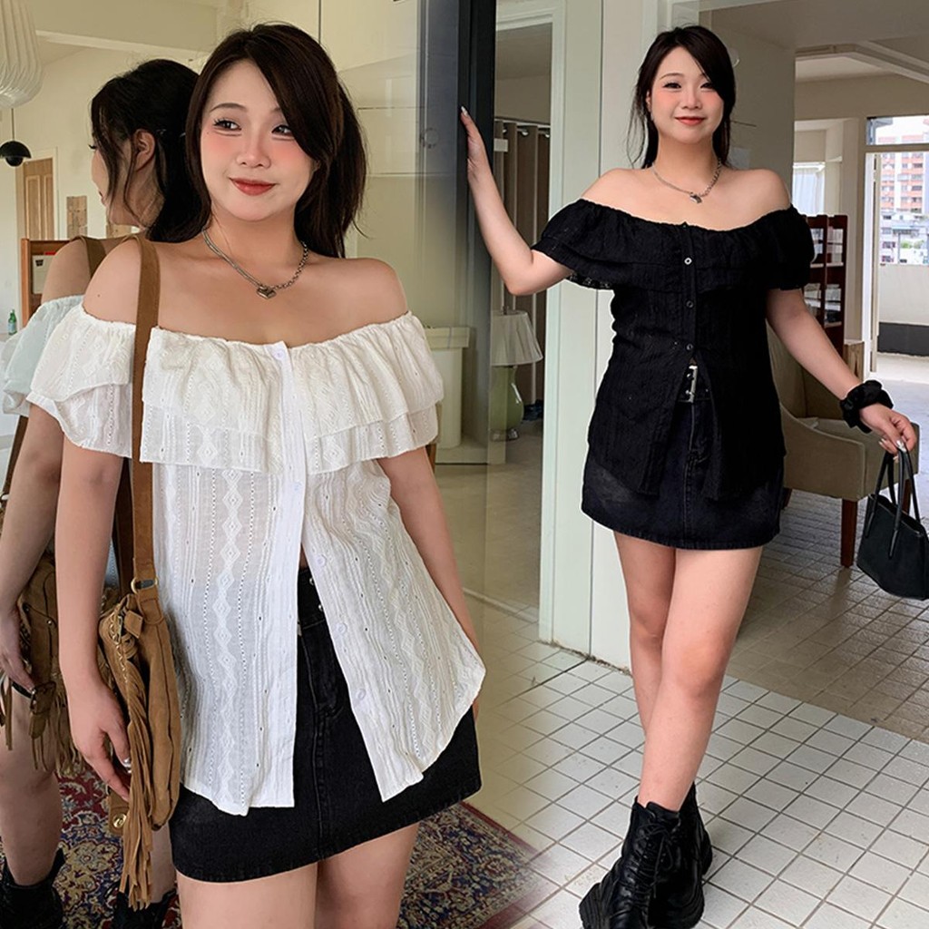 mimi&didi#เสื้อเชิ้ตไหล่เดียวทรงหลวมๆสำหรับผู้หญิง ไซส์ใหญ่ อ้วนเล็กน้อย ดีไซน์ ลูกไม้ เสื้อเปิด ...