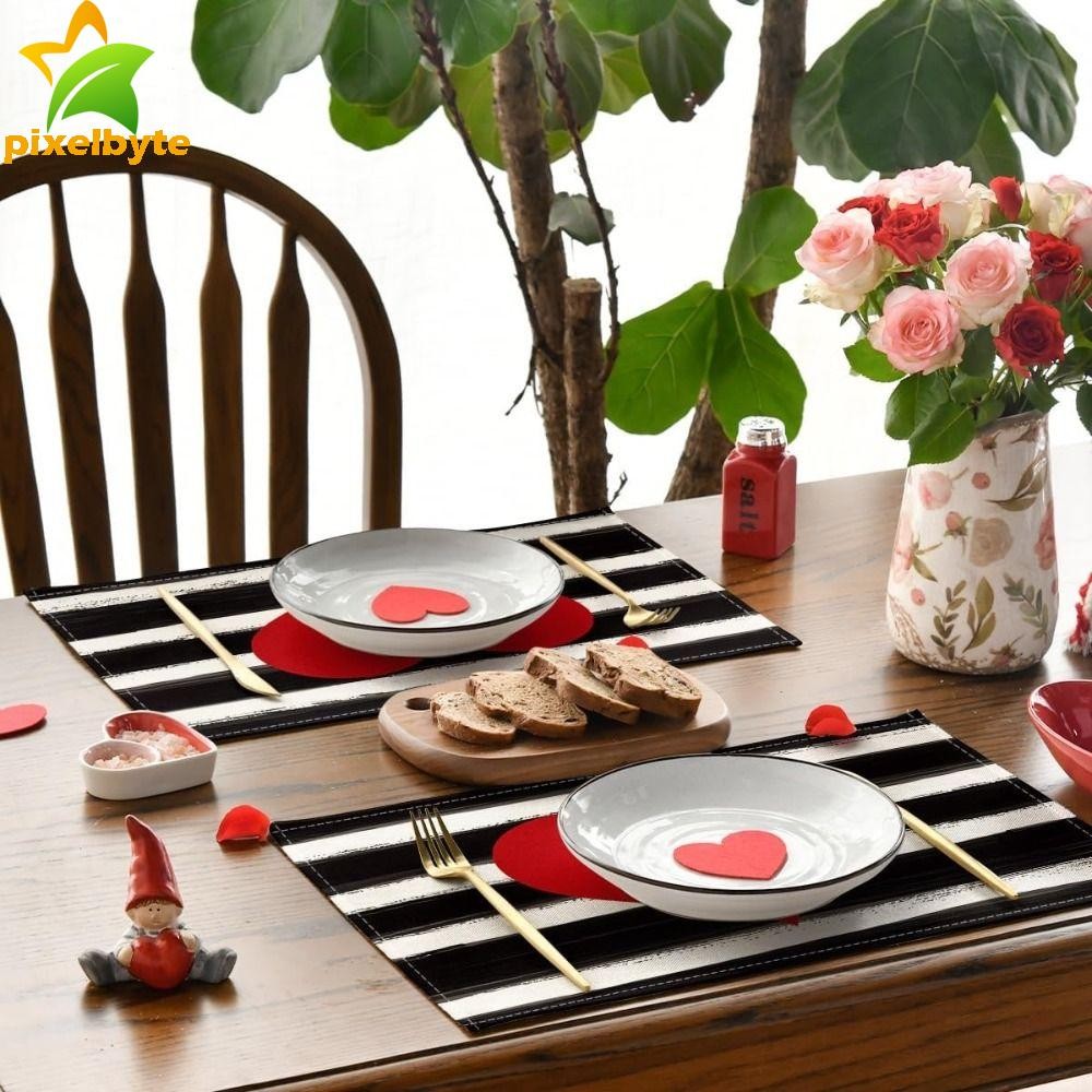 Pixelbyte แผ่นรองจานวันวาเลนไทน์ 4 ชิ้น, ทนความร้อน Retro Red Love Hearts เสื่อโต๊ะบ้านลื่น ...