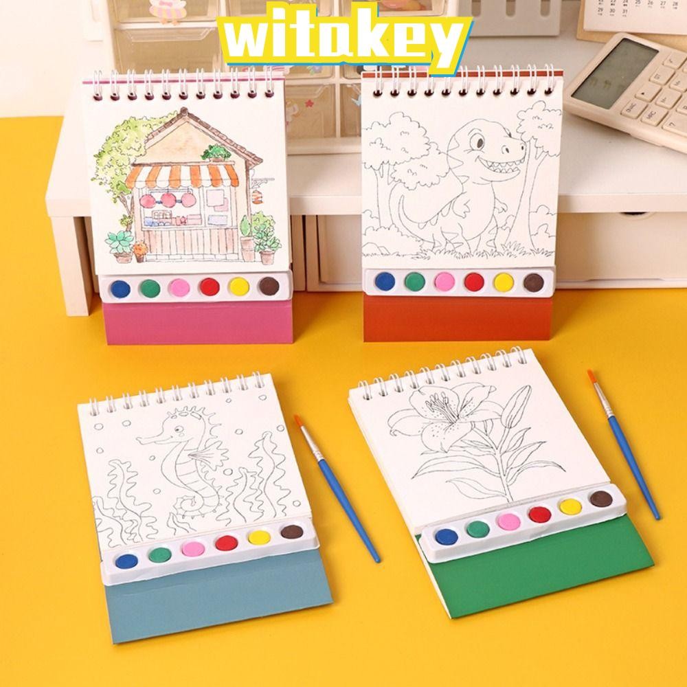 Witakey ชุดวาดภาพสีน้ํา, สมุดระบายสี DIY 6 สี, การ์ตูนพร้อมพู่กันสีศิลปะหัตถกรรม House Painting ...