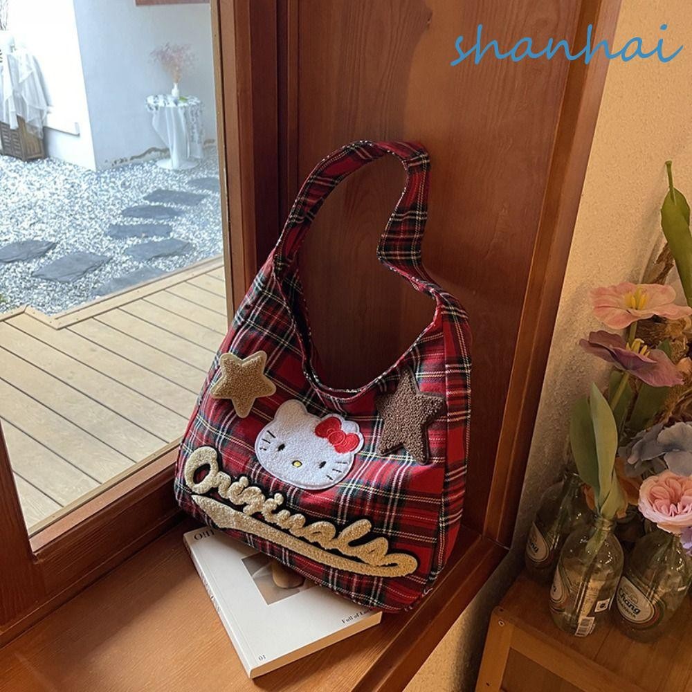 Shanhai Retro ลายสก๊อต Tote Bag, Vintage Kawaii Kitty ผ้าใบกระเป๋า ...