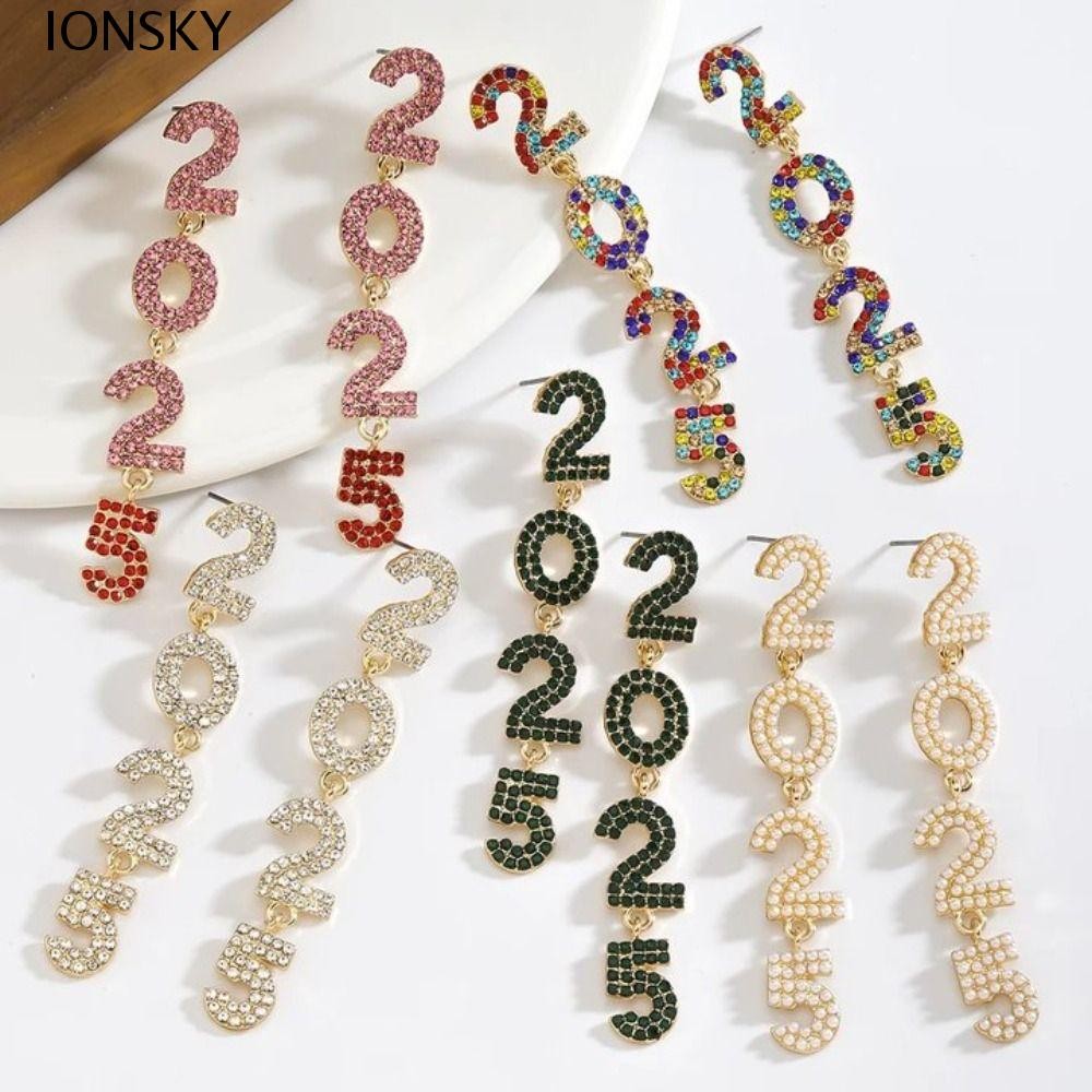 Ionsky ต่างหูสวัสดีปีใหม่, เครื่องประดับ Rhinestone 2025 ต่างหูสตั๊ดปี ...
