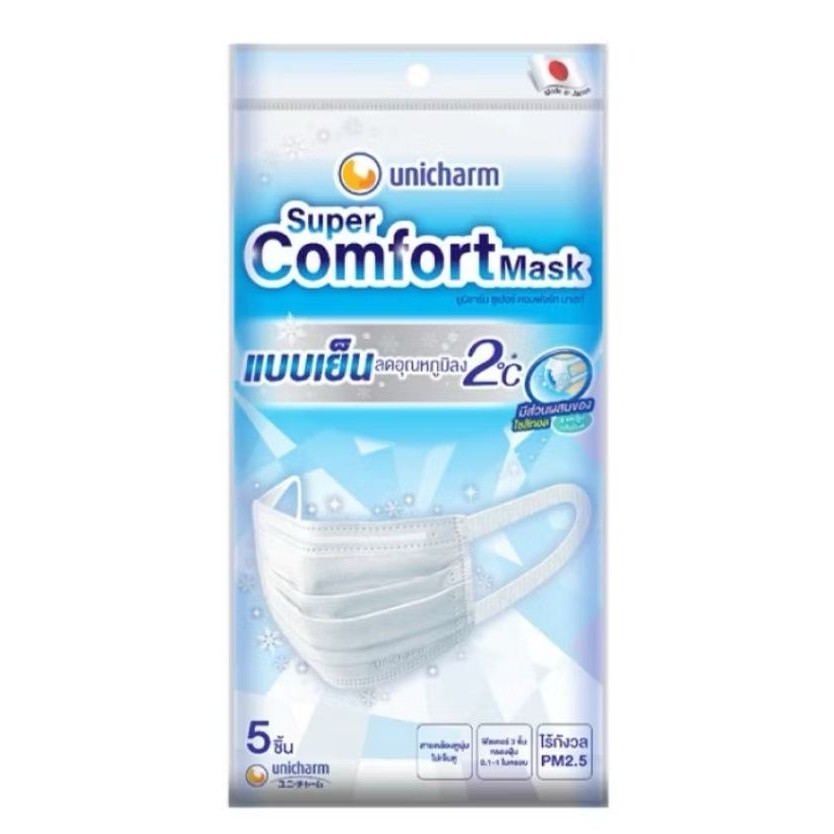Unicharm Super Comfort Mask ยูนิชาร์ม ซูเปอร์ คอมฟอร์ท มาสก์ แบบเย็น ลดอุณหภูมลง 2 องศา 1 ห่อ(5 ...
