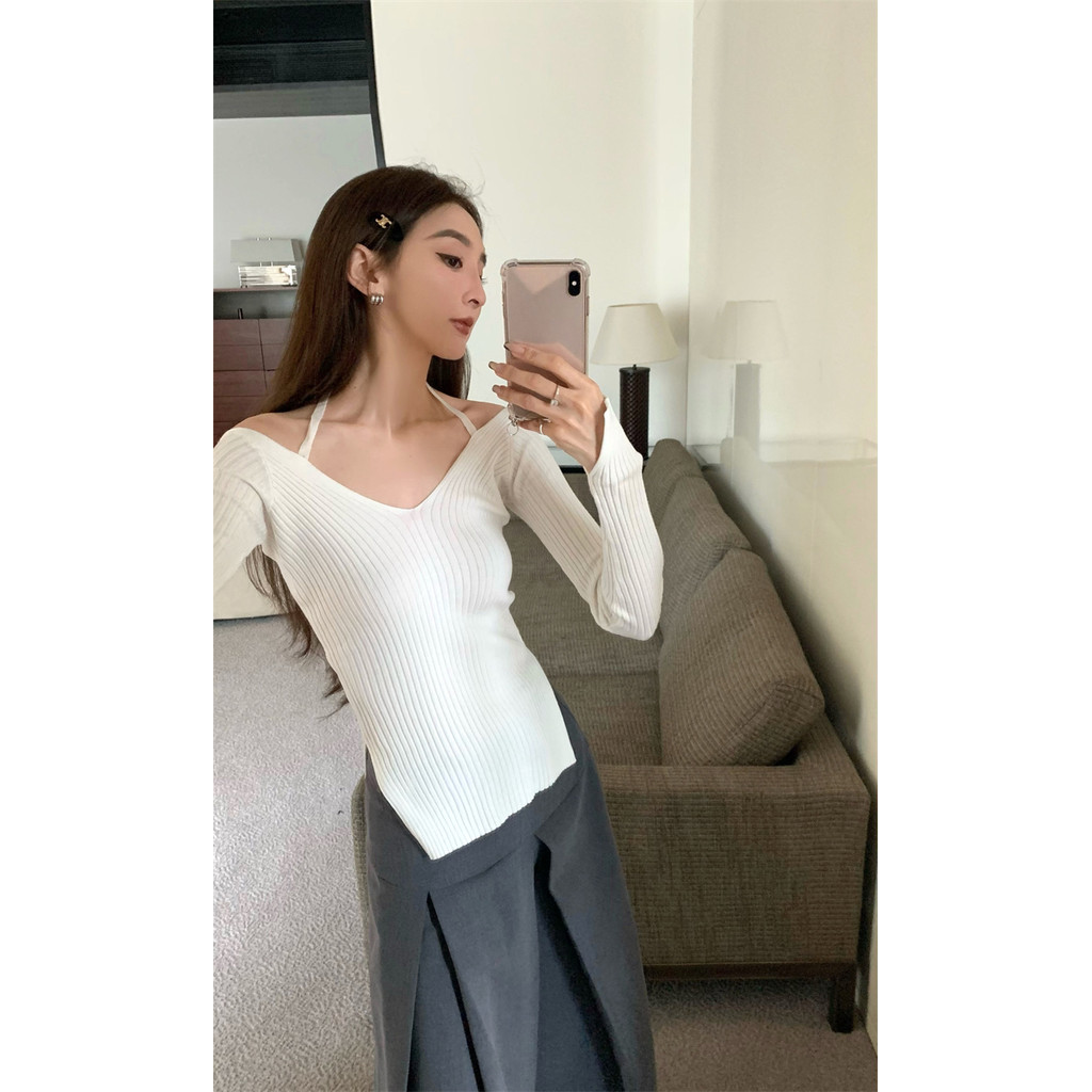 ฤดูใบไม้ร่วงฤดูหนาวเกาหลีรุ่นผู้หญิงบางพอดีอเนกประสงค์แขวนคอผู้หญิงแขนยาวถักเสื้อกันหนาว 250102 ...