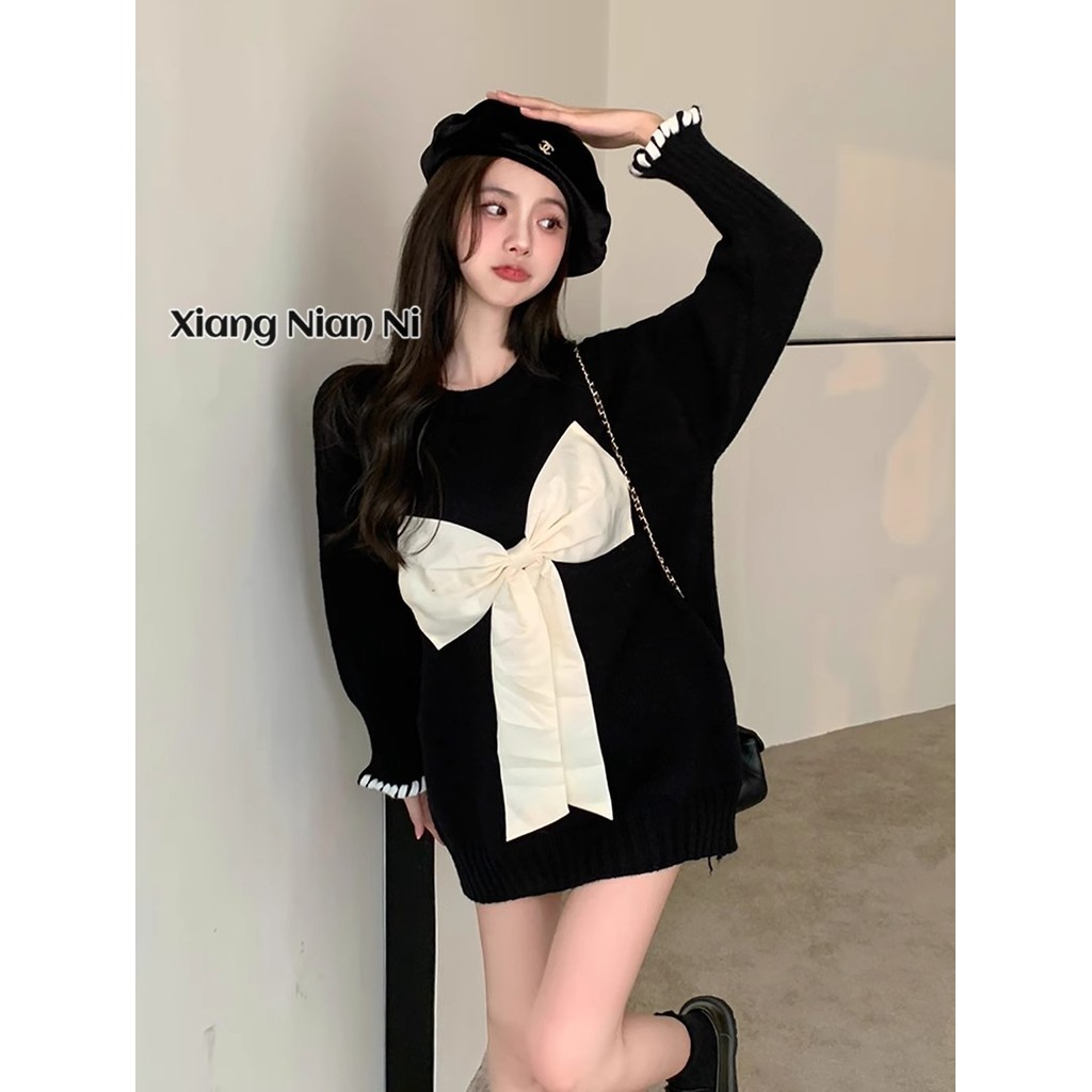 Xiang Nian Ni เสื้อสวมหัวทรงหลวมและเดินเบาสไตล์เกาหลีของผู้หญิง Bowknot ถักเสื้อกันหนาว | Shopee ...