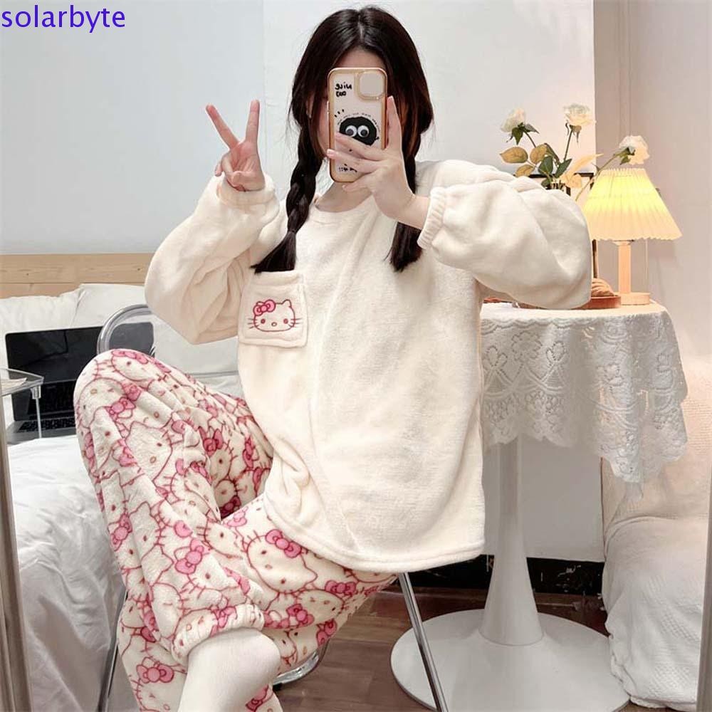 Solarbyte Kitty Cat Coral ขนแกะชุดนอน,แขนยาวกางเกง Kitty Cat Plush ชุดนอน,น่ารักสีชมพู Homewear ...