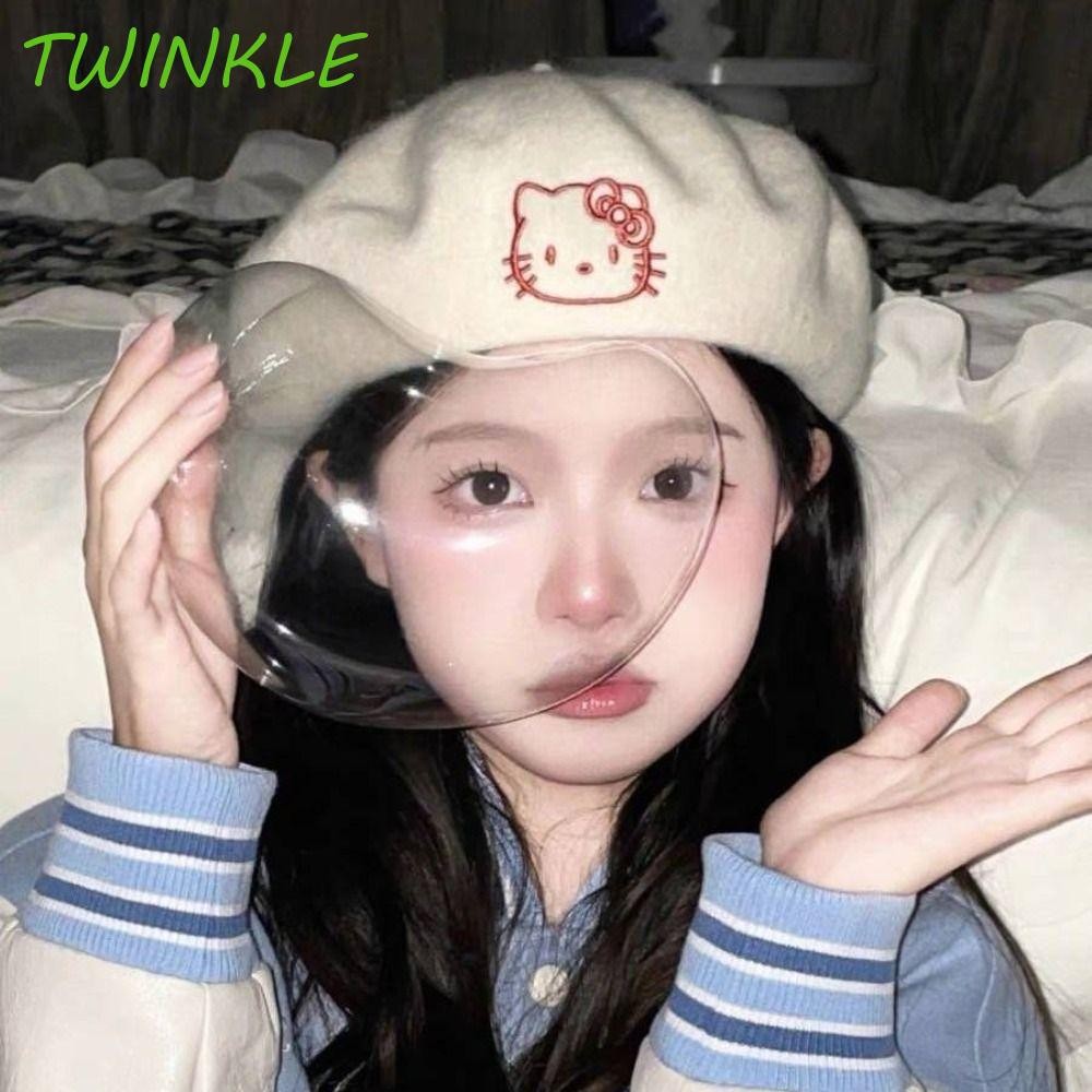 Twinkle1 KT แมวจิตรกรหมวก,อุ่นสีทึบทําด้วยผ้าขนสัตว์ Beret หมวก,นุ่มการ์ตูน Harajuku Y2K Plush ...