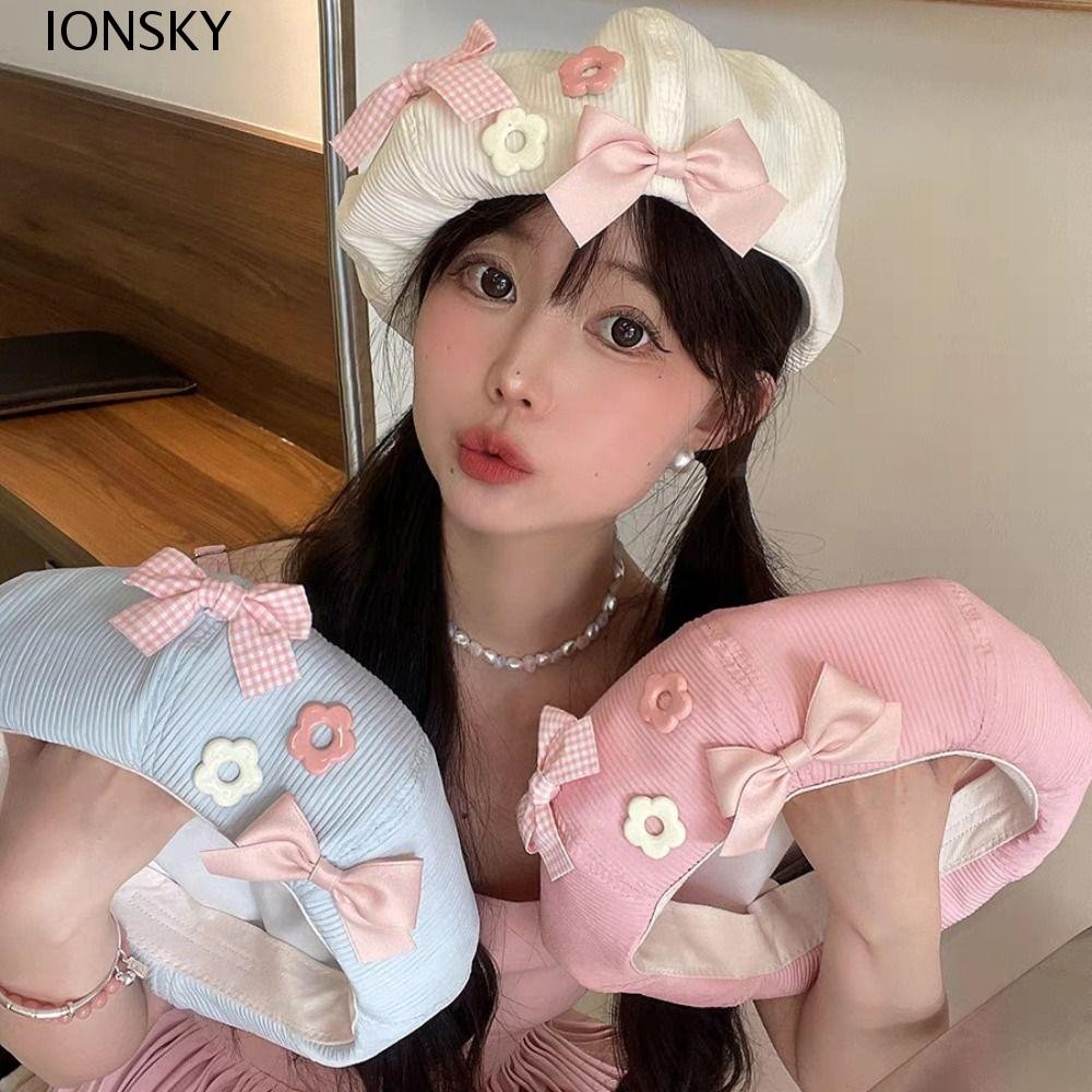 Ionsky Bow Flower Beret, สีทึบ Y2k หมวกแปดเหลี่ยม, สไตล์วิทยาลัยหวาน ...