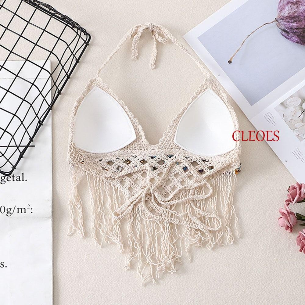 Cleoes ถัก Camisoles Hollow Casual หวานหน้าอก Pad โครเชต์ Crop Tops Backless Halter สายคล้อง ...