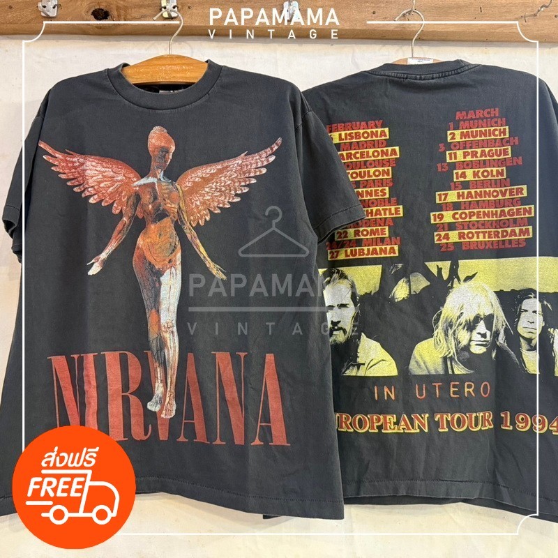 [ NIRVANA ] IN UTERO EUROPEAN TOUR 1994 tag Tultex BL Bio Washed BIG เสื้อวินเทจ เสื้อทัวร์ วง ...