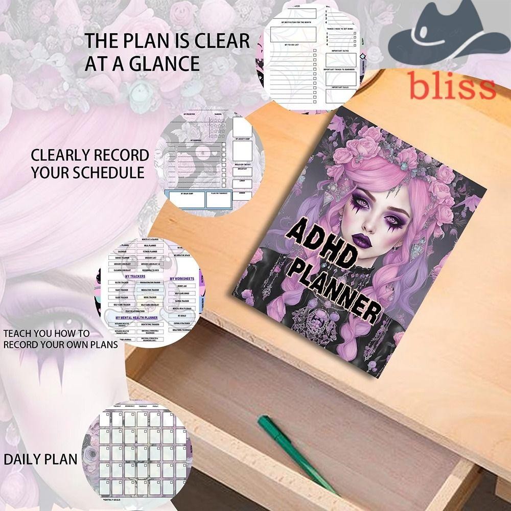 สมุดโน๊ต BLISS ADHD กําหนดได้ 43 หน้าวางแผน ADHD แบบพกพาพาสเทล Goth ...