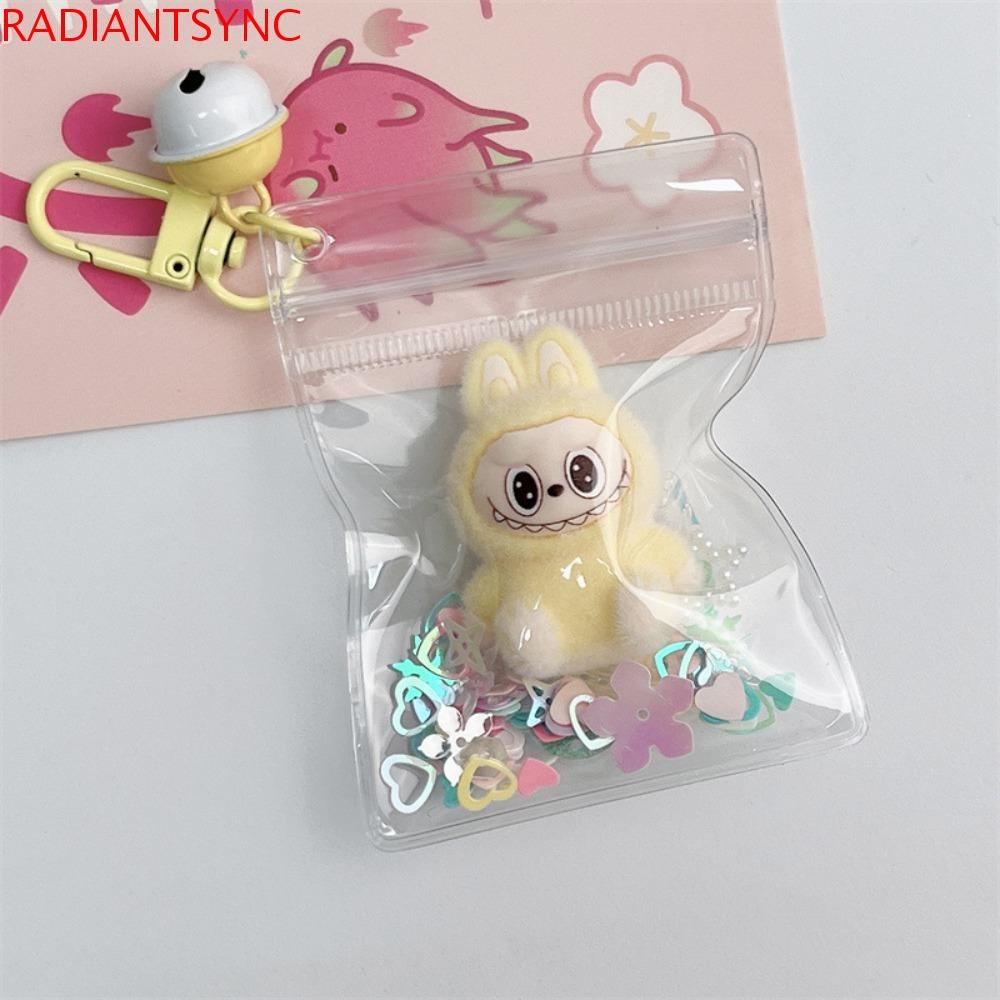 Radiantsync Flocking Labubu พวงกุญแจ, ซิลิกาเจลโปร่งใสนั่งลง Labubu จี้, น่ารักหัวใจ Handmade ...