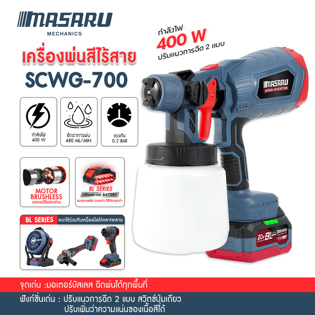 MASARU SCWG-700 เครื่องพ่นสีไร้สาย 20V กาพ่นสีไร้สาย แบตเตอรี่ ทาสีบ้าน ...