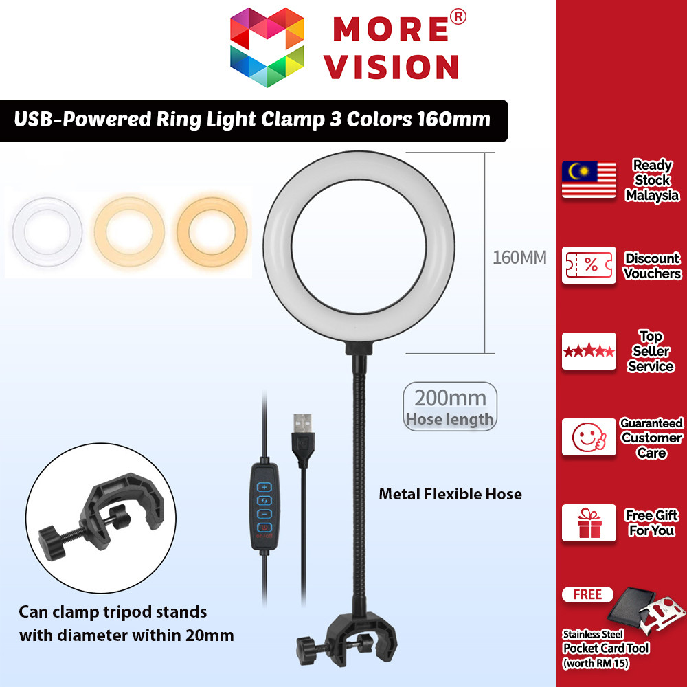 USB-Powered Ring Light Clamp 3 สี 160 มม. LED หรี่แสงได้พร้อมคอห่านแบบ ...