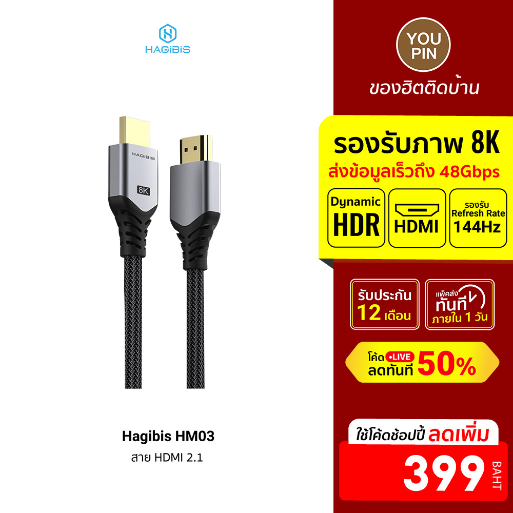 [ลดเหลือ 399] Hagibis HM03 สาย HDMI 2.1 สายถัก หัวทอง รองรับ HDR ยาว 1 ...