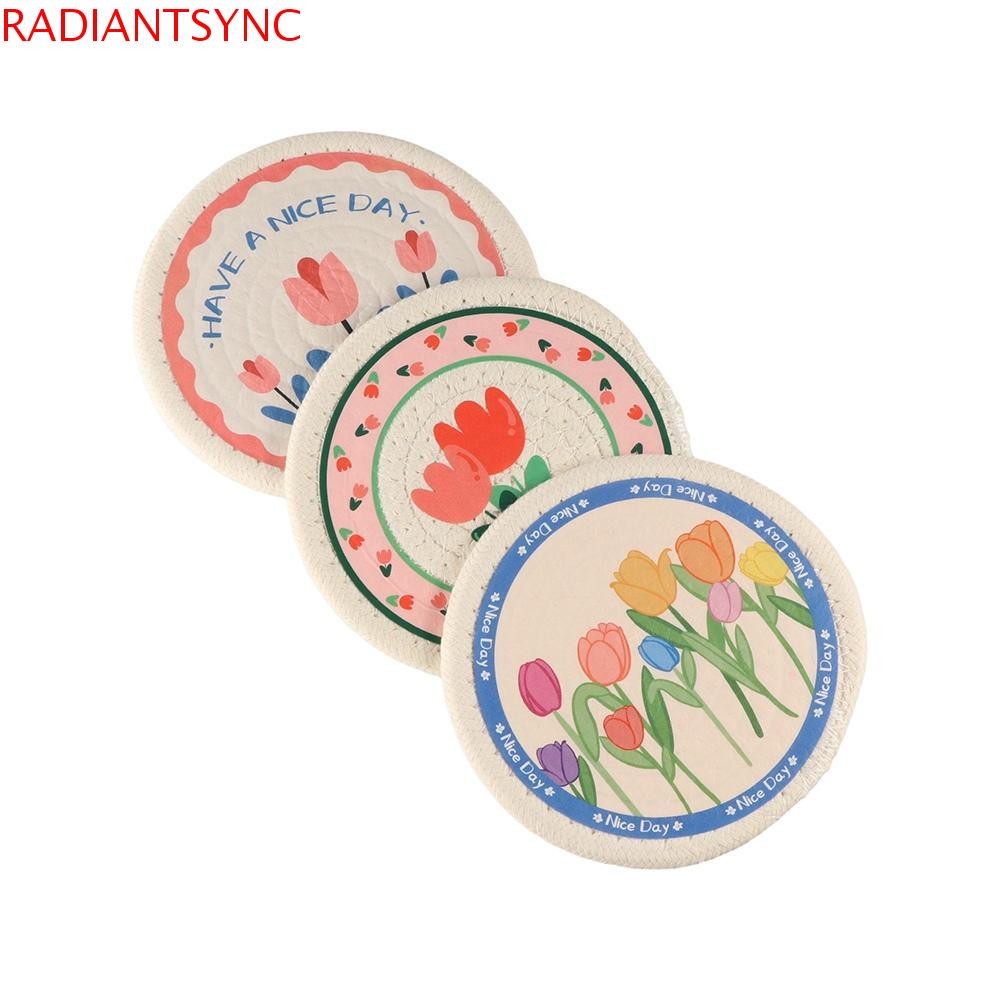 Radiantsync แผ่นรองจานผ้าฝ้ายทอ, ทิวลิปดอกไม้พิมพ์ที่รองแก้วป้องกันการลวก, เสื่อโต๊ะรอบลื่นฉนวน ...