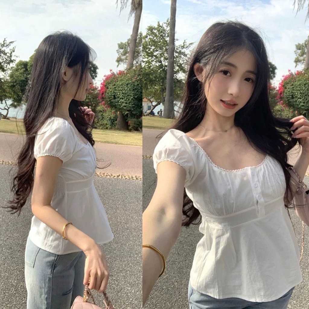 Dahong เสื้อเบลาส์ผู้หญิง แต่งจีบ เสื้อแขนตุ๊กตา ลายลูกไม้ แต่งกระดุมหน้า สีพื้น สไตล์ลำลอง W489 ...