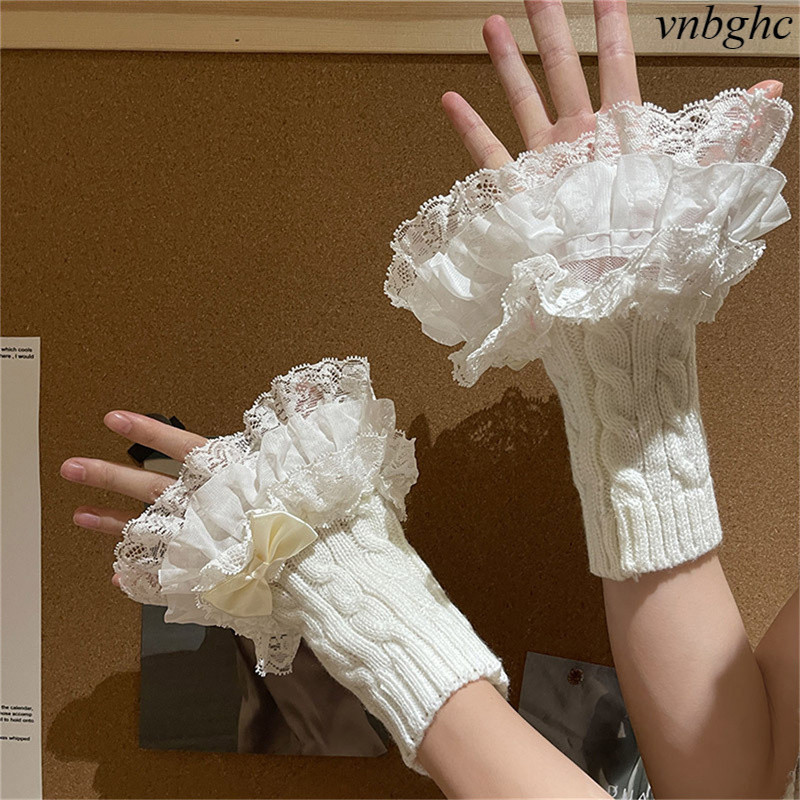 ถุงมือ Bow Decor ลูกไม้ถัก Ruffle Edge Twist Texture Elastic Soft ...