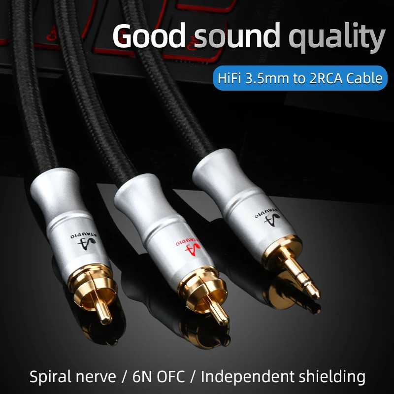 Hifi 3.5 มม.ถึง 2RCA สาย Hi-end 6N OFC AUX to RCA ชาย Splitter สาย ...