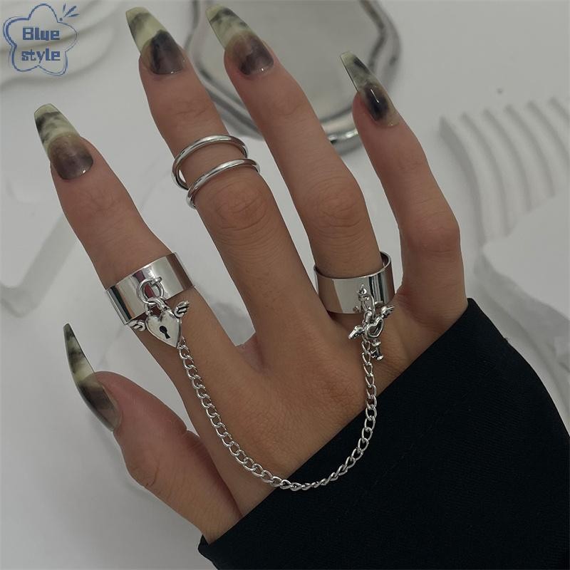 Bluestyle Key Heart Lock Ring Set Women Personalised Chain Two Finger ...