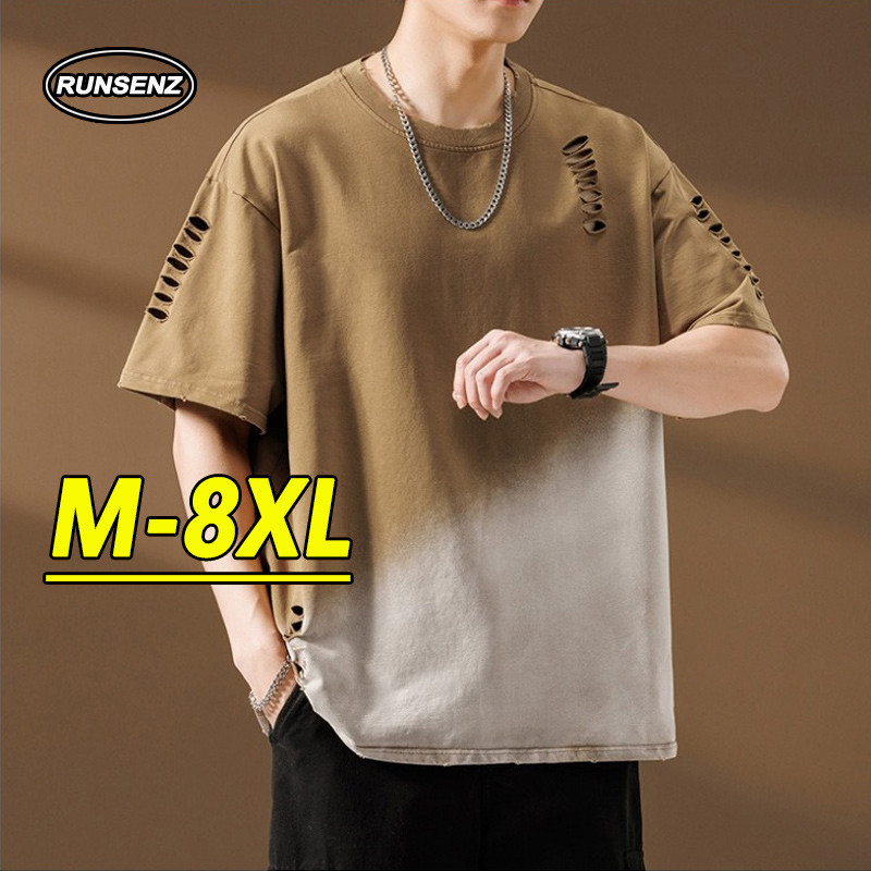 M-8XL เกาหลีอินเทรนด์ Ripped แขนสั้นเสื้อยืดผู้ชาย Plus ขนาด Casual หลวมขนาดใหญ่ Tee | Shopee ...