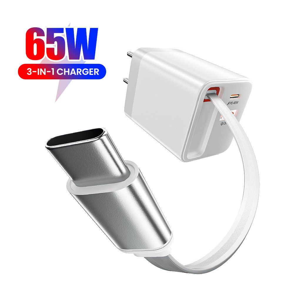 PD 65W Charger พร้อมสาย Type-C แบบพับเก็บได้ PD Fast Charging สําหรับ ...