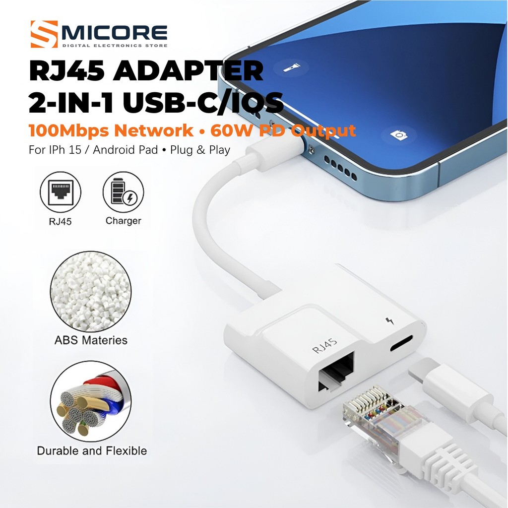 USB C / IP to RJ45 2in1 LAN Adapter รองรับ 100Mbps + PD Charge สำหรับ ...