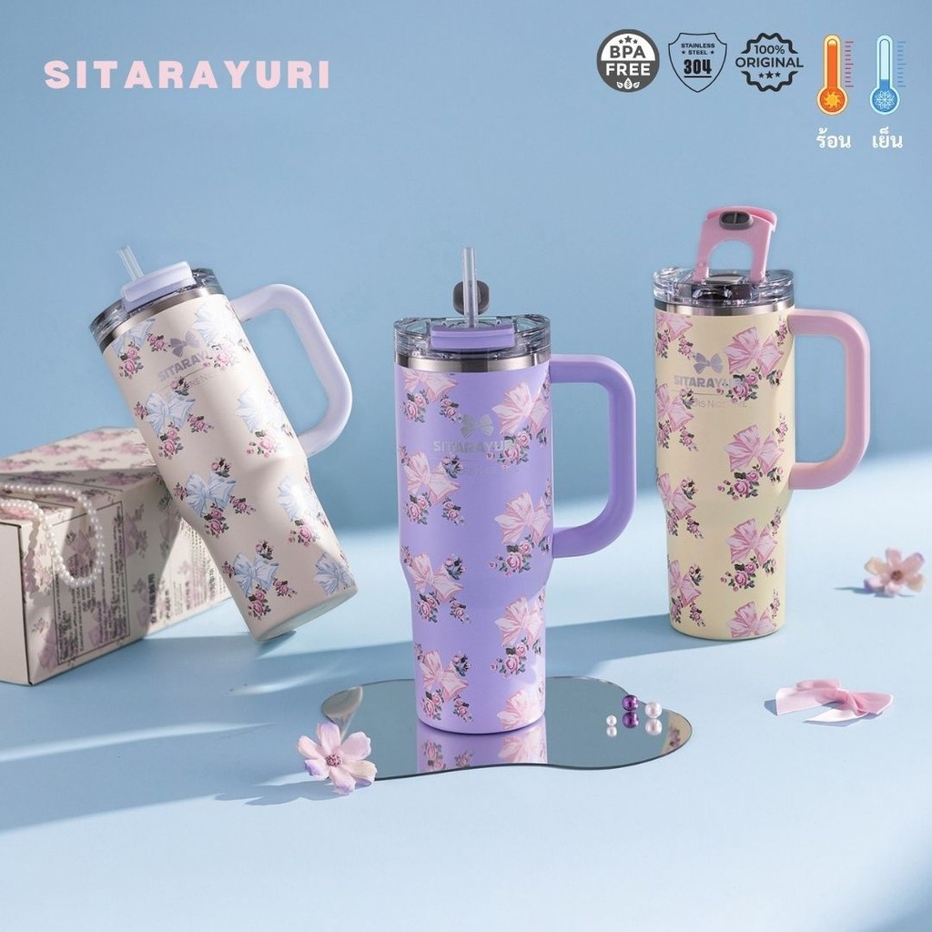 SITARAYURI แก้วเก็บความเย็นพร้อมหูจับข้าง ลายโบว์ เก็บอุณหภูมิ 900ML เย็น & ร้อน SUS304 2 หัว ...