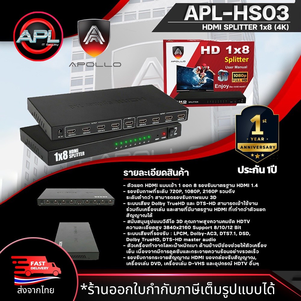 กล่องแปลงสัญญาน Apollo HDMI Splitter เข้า 1 ออก 8 HDMI Splitter 1X8 HDMI 1 In 8 Out รุ่น APL ...
