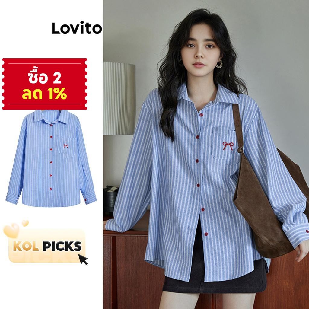 (KOL‘s pick) Lovito เสื้อเบลาส์กระดุมกระเป๋าลายทางลำลองสำหรับผู้หญิง ...