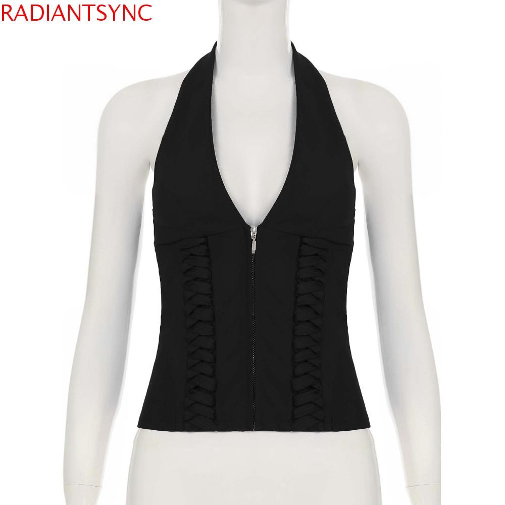 RADIANTSYNC เสื้อครอปแขนกุด คอ V ลึก Tie Up สายรัดเอว Halter Vest Top สไตล์韩式辣妹暗色Ins Y2K ...