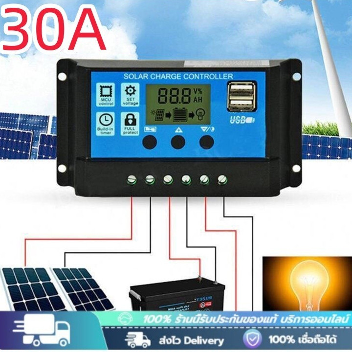 PWM 30A โซล่าชาร์จเจอร์ 12V/24V Solar Charge Controller Display Dual ...