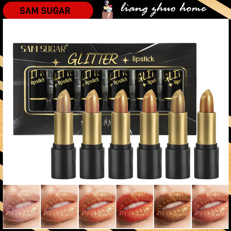 SAM SUGAR 6 สี/เซ็ต Diamond Pearlescent ลิปสติก Glitter Shiny Metallic ...