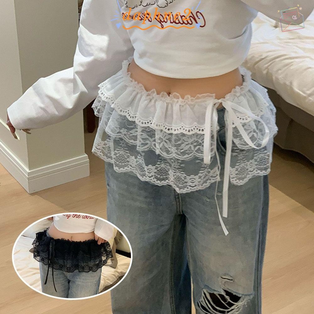 DAPHNES กระโปรงผ้ากอซชั้นลูกไม้, Lace-up จีบ Y2k Streetwear พร้อมดอกไม้ ...