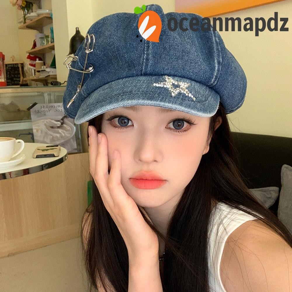 OCEANMAPDZ Vintage Denim หมวก,ผ้าฝ้ายรูปแบบดาวหวาน Berets หมวก,จิตรกรหมวก Cool Big Head รอบ ...