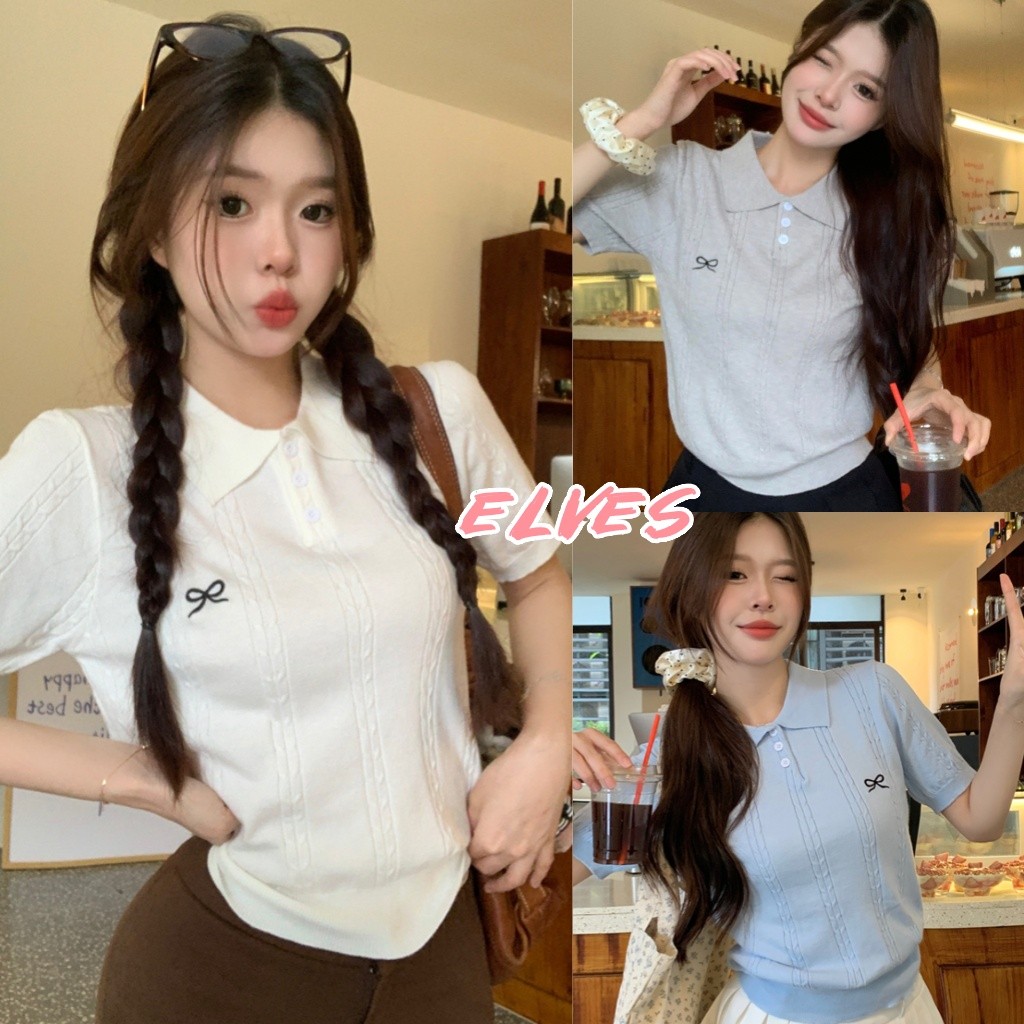 Elves พร้อม💟 เสื้อครอปไหมพรม แขนสั้น คอปก ปักลายโบว์ ยืดพอดีตัว สีพื้น สไตล์เกาหลี "YT23 ...