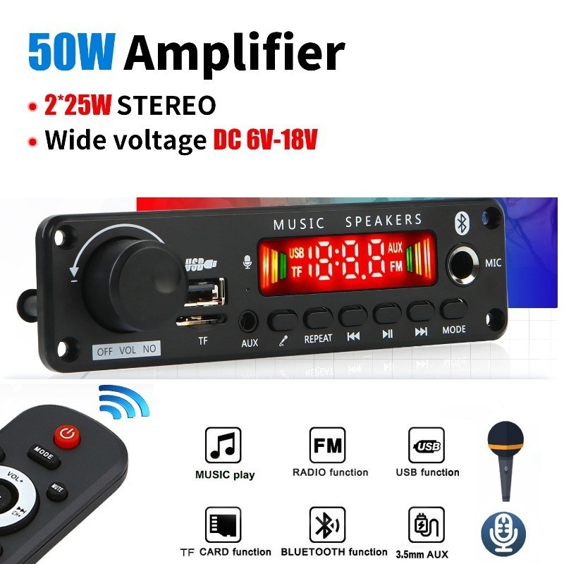 50W เครื่องขยายเสียงบลูทูธ MP3 เครื่องเล่นถอดรหัสวิทยุ FM TF USB 3.5 มม.AUX โมดูลบลูทูธ 6V 12V ...